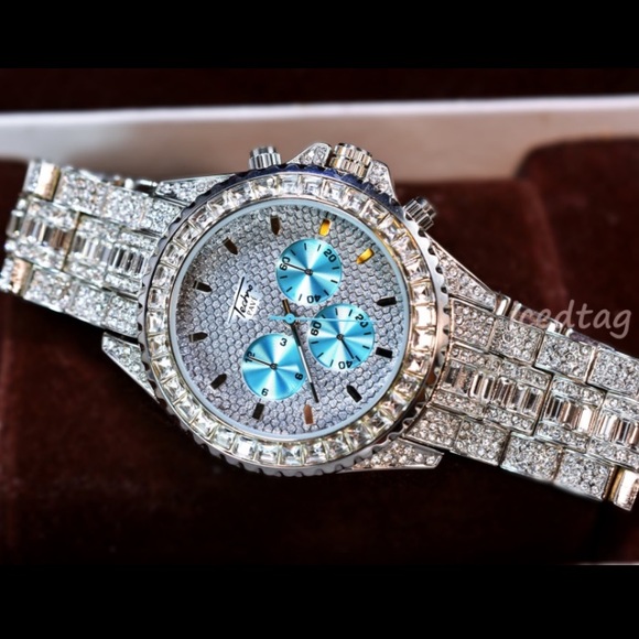 Accessories | Full Iced Out Chronograph Stylish Aqua Face Watch | Poshmark